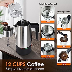 HOMOKUS Electric Coffee Percolator 12 CUPS Percolator Coffee Pot, 800W Percolator Coffee Maker Stainless Steel with Clear Knob Cool-touch Handle, Silver Coffee Pot Percolator Auto Keep Warm Function