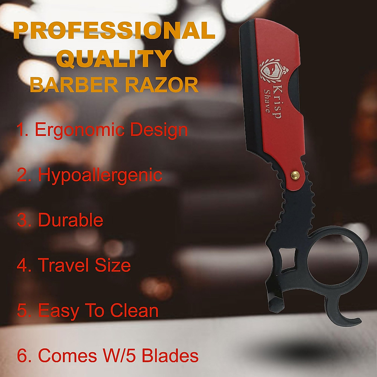 Professional Straight Razors For Men, Barber Razors Straight Edge Razor Kit For Close Shaving - Beard Cut Throat Finger Razor Safety Shavette With 10 Shaving Blades By Krisp Beauty (Black/Red)