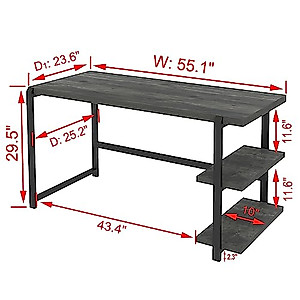 EXCEFUR Industrial Computer Desk with Shelves, 55 inch Rustic Wood and Metal Work Study Writing Table for Home Office, Grey