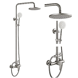 Airuida SUS304 Outdoor Shower Fixture Brushed Nickel Exposed Shower Faucet Combo Set Single Handle 8 Inch Thicken Rainfall Showerhead With Handheld Spray Wall Mount Dual Functions