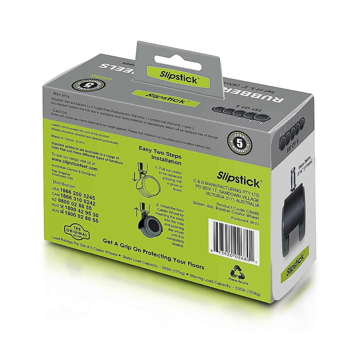 Slipstick CB680 50mm (2 Inch) Floor Protecting Rubber Office Chair Caster Wheels (Set of 5) Standard Stem Size - Black/Gray