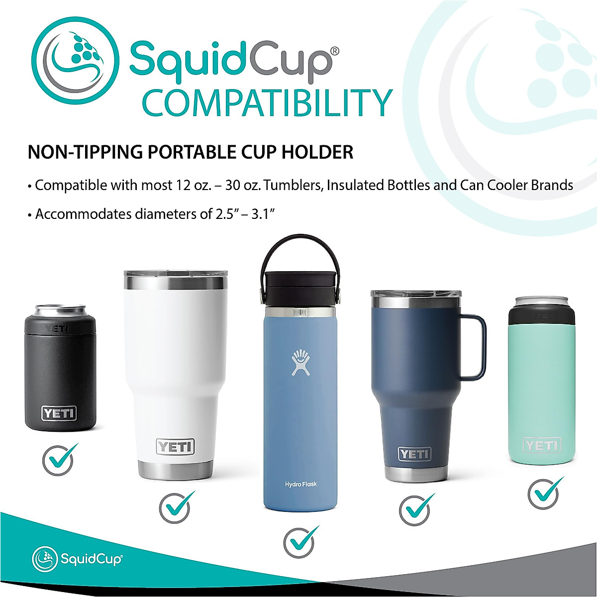 SquidCup Non-Tipping Portable Universal Cup, Can, and Bottle Holder for Boats, (Black/Teal 2 Pack) Includes Optional SquidDisk Mount for Textured Surfaces