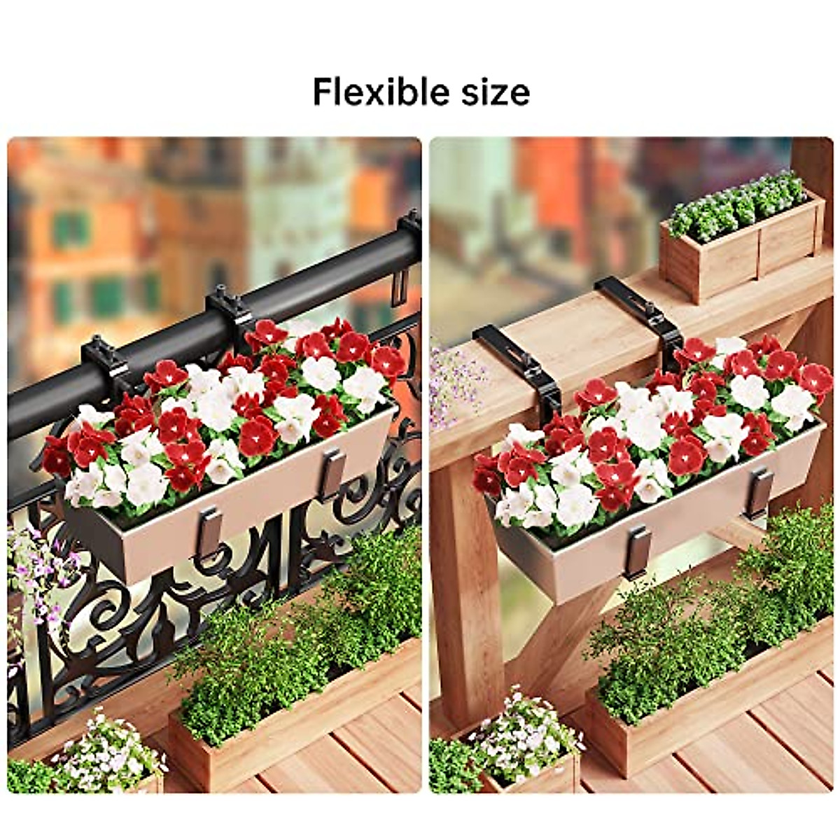 Y&M 4 Pcs Deck Railing Adjustable Planter Box Brackets (6 to 12.5 in), Universal Window Box Brackets, Heavy Duty Iron Flower Box Wall Mounting Hooks for Balcony, Fences, Patio, and Garden - Black