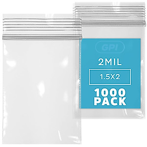 CLEAR PLASTIC REUSABLE ZIP BAGS - Bulk GPI Case Of 1000 1.5" x 2" 2 mil Thick Strong & Durable Poly Baggies With Resealable Zip Top Lock For Travel, Storage, Packaging & Shipping.