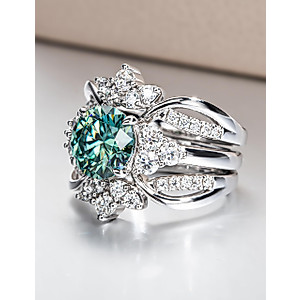 CannyCat Fancy Vivid Blue Green Moissanite Wedding Band Ring Set for Women 4.2 cttw Moissanite Engagement Rings Platinum-Plated Sterling Silver Wrap Guard Enhancers Anniversary Bridal Sets (size-8.5)