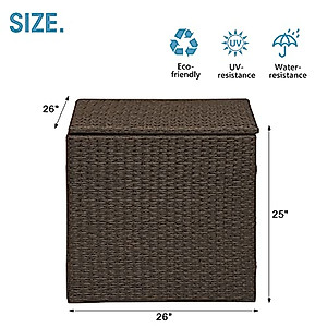 SUNVIVI OUTDOOR 73 Gallon Wicker Deck Box with Waterproof Inner, Hydraulic Pistons, Aluminum Frame for Cushions, Brown