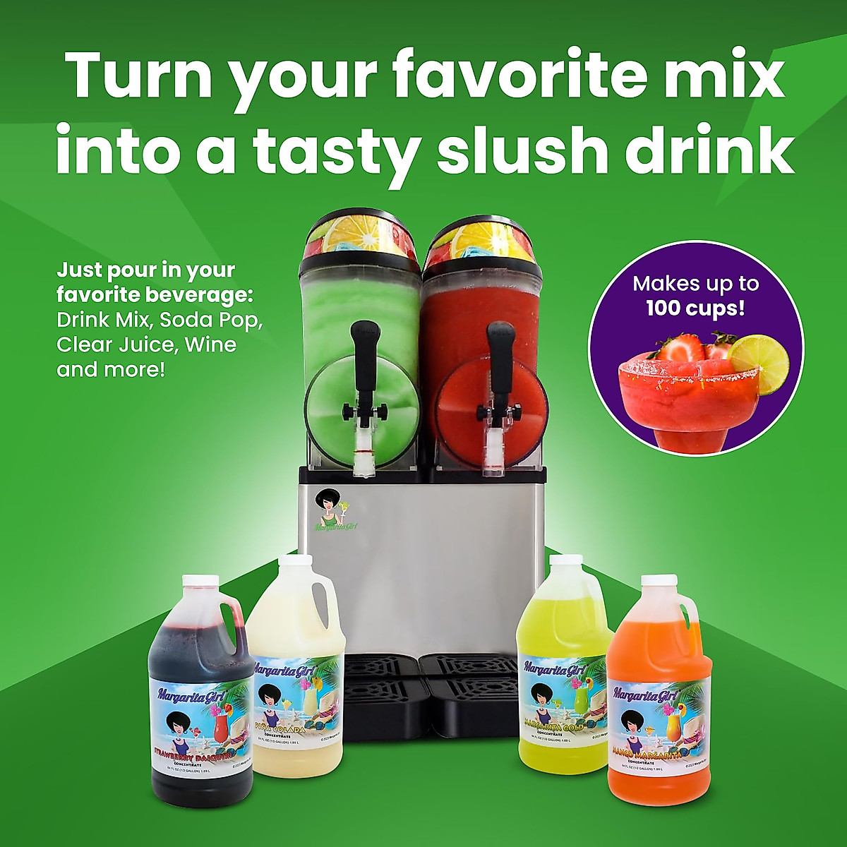 Margarita Girl Double-Bowl Full Size Frozen Slushy Drink Machine - Versatile High-Capacity Model Features Two 3.2-Gallon Bowls - Makes 100 Cups of Resort-Style Margaritas, Daiquiris, Piña Coladas, Etc