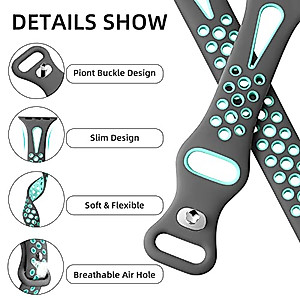 Getino Compatible with Apple Watch Band 41mm 40mm 38mm 42mm 44mm 45mm 49mm iWatch SE Ultra Series 8 7 6 5 4 3 2 1 Women Men, Stylish Durable Soft Silicone Breathable Slim Sport Watch Bands, Gray/Teal