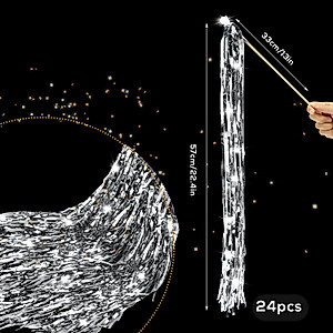 24pcs Lighted Wedding Wands Send off, LED Ribbon Stick with Shiny Foil Tinsel Glitter Hand Light up Streamers for Bridal Baby Shower Birthday Party Celebration (Silver)