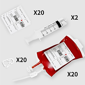 20 Packs Halloween Blood IV Bags for Drinks Reusable Container Drinks Pouches for Vampire Zombie Theme Party Decoration Supplies with Syringe and Clips, 10.15 fl.oz (20pcs Bag, 20 Label, 2 Syringes)