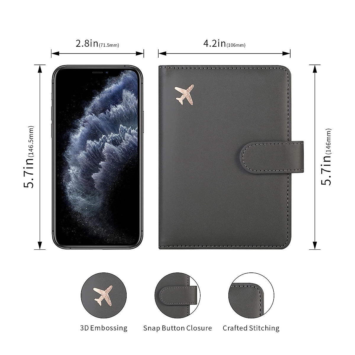 Deziliao Passport and Vaccine Card Holder Combo, PU Leather Passport Holder with Vaccine Card Slot, Passport Wallet for Men and Women (Gray-fly)