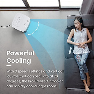 Pro Breeze Evaporative Air Cooler For Room Cooling Fan - 3-in-1 Air Cooler Portable with 6 QTS Tank, 70° Oscillation & 7hr Timer - Portable Swamp Cooler with Remote Control