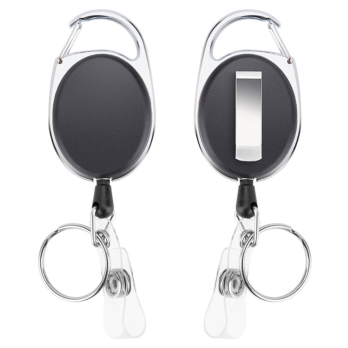 2 Pack Badge Holders and Heavy Duty Retractable Reel Clips Set, Vertical Leather ID Badge Holders with 1 Clear ID Window & 2 Credit Card Slots (Black-2pcs)')