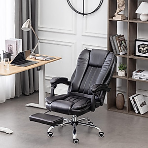 Erinnyees Executive Office Chair, PU Ergonomic Chair with Footrest and Linkage Armrests, 90°-155° Reclining Office Chair, 360° Swivel Computer Desk Chair with Back Support, Black