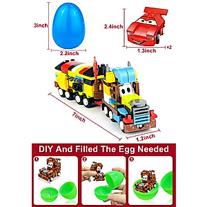 12 Pack 3" Large Filled Easter Eggs with Stem Toy Cars Kids Easter Basket Stuffers Plastic Surprise Egg Building Blocks 6 in 1 Transform Construction Vehicle Easter Toy Boys Girl Egg Hunt