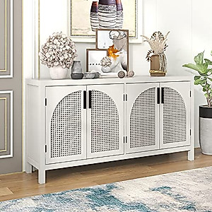 Merax White Wood Farmhouse Buffet Sideboard Rattan Door Coffee Bar Storge Cabinet Console Table for Living Room Bedroom Kitchen, Type 1