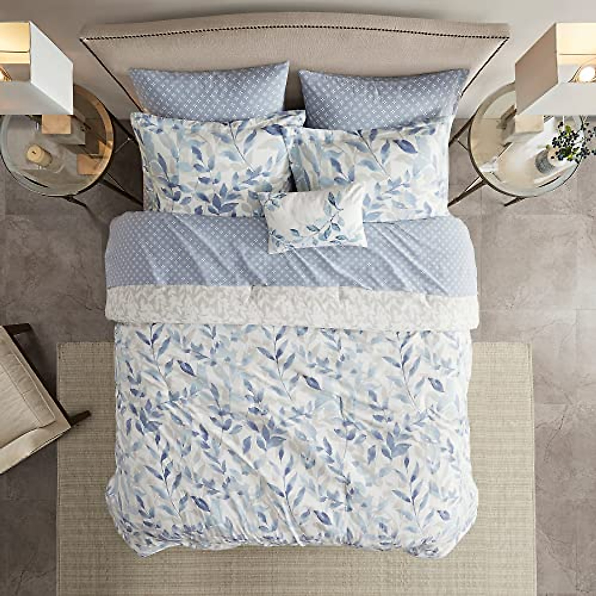 Madison Park Essentials Cozy Bed in a Bag Reversible Comforter with Complete Sheet Set - Modern Botanical Print All Season Cover, Shams, Decorative Pillow, King(104"x92"), Blue 8 Piece