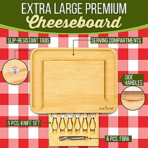NutriChef Natural Bamboo Cheese Board Set with Bonus Condiment Cup-Extra Large Size 100% Home Organic Wooden Plate and Charcuterie Tray with 4 pcs Cutting Knife Slicer