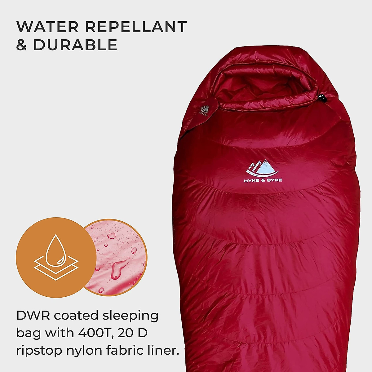 Hyke & Byke Quandary 15 F Hiking & Backpacking Sleeping Bag - 3 Season, 650FP Duck Down Sleeping Bag - Ultralight - Maroon - 72in - Short
