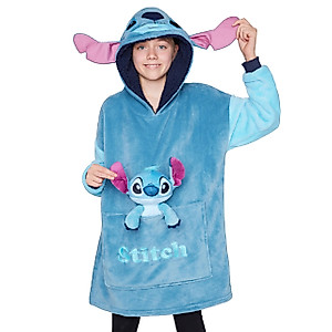 Disney Stitch Fleece Hoodie Blanket with Plush Toy for Teenagers Eeyore Angel Minnie Mouse Kids Oversized Hoodie (Blue Stitch)