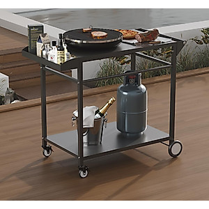 Koutemie Outdoor Grill Cart Table with 4 Wheels for Blackstone 17" or 22", Movable BBQ Food Prep Table Top, Double-Shelf Metal Pizza Oven Worktable with Spice Tray for Patio, Backyard, Black