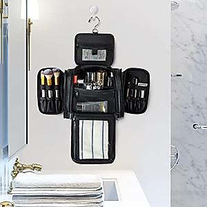 Elviros Travel Hanging Toiletry Bag for Women and Men, Large PU Leather Toiletries Organizer, Water-resistant Bathroom Shaving Kit for Cosmetics, Makeup Case (Extra Large, Black)