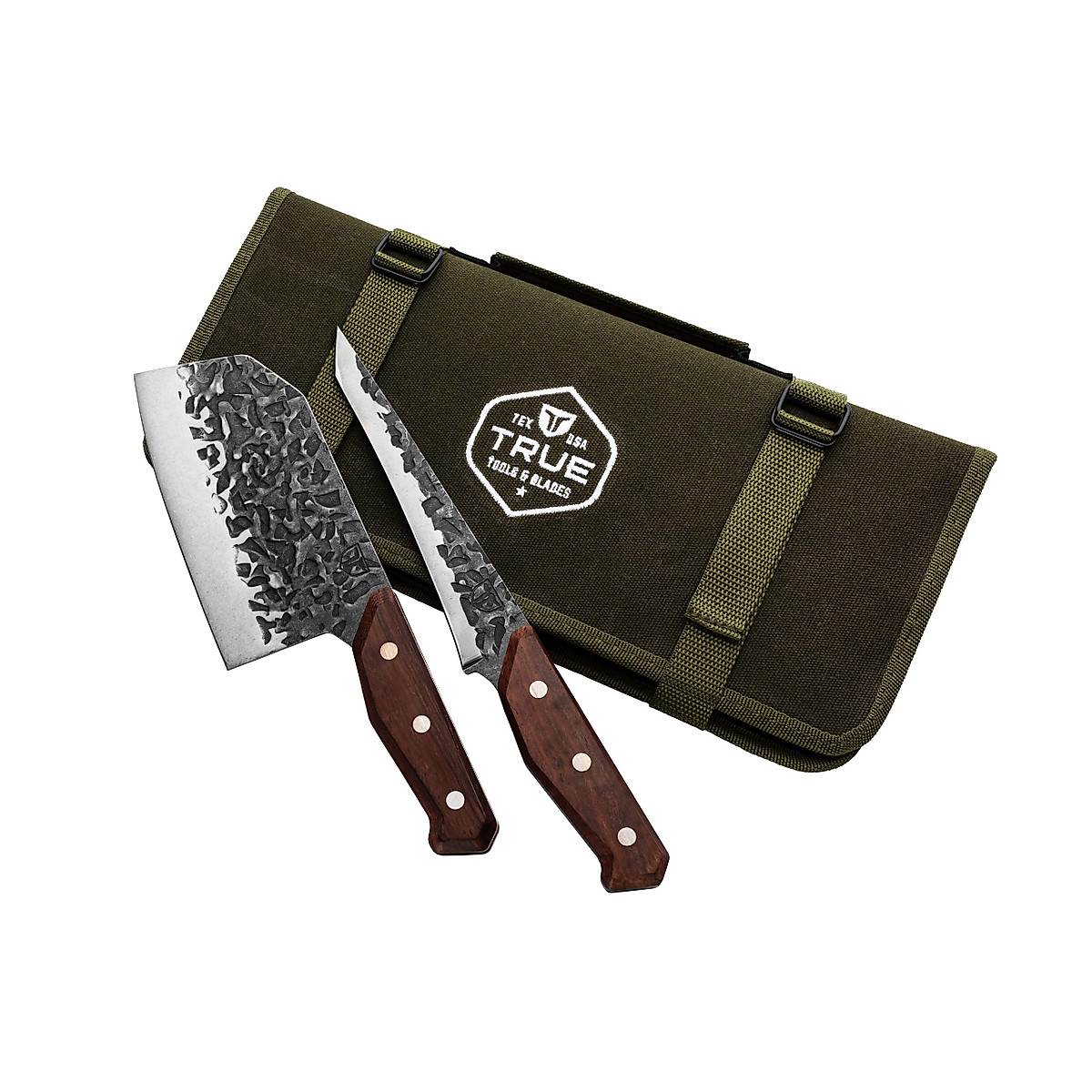 TRUE Primal Forge Knife Kit, Set Includes Two Outdoor Kitchen Prep and Carving Knives, 6.5" Chopper and 7.25" Tanto Conveniently Stored in a Waxed Canvas Roll,Silver
