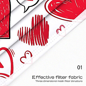 Wtosuhe 50PC Adults Valentines Day Disposable FaceMasks with Pink Black Love Heart Designs, 3-Ply Holiday_ Mask with Nose Wire for Women Men