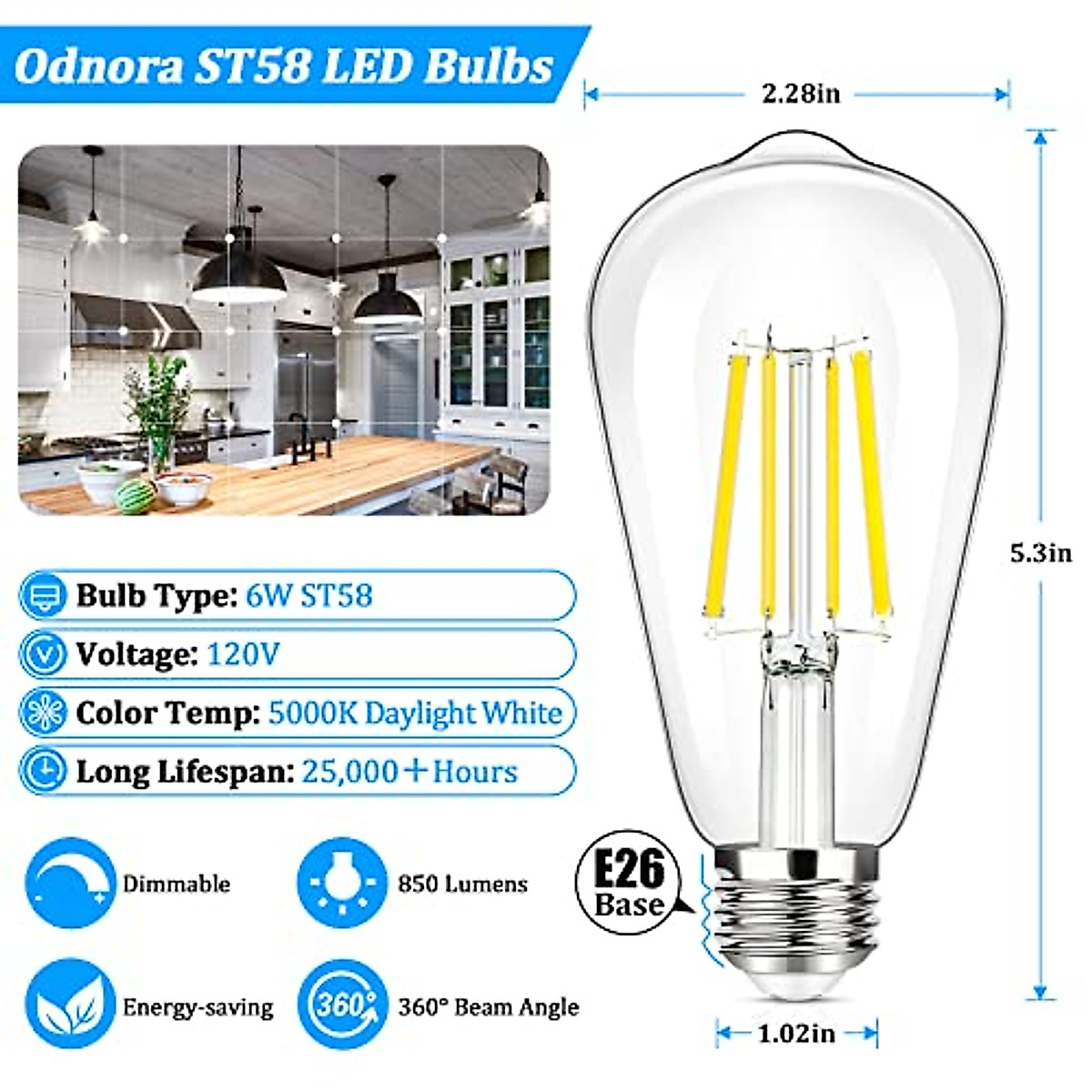 Odnora Dimmable E26 LED Bulbs 60W Equivalent 6W 850 Lumens Vintage LED Edison Bulbs, ST58 5000K Daylight White Edison Light Bulbs, Antique LED Filament Bulb with Clear Glass, 4 Packs