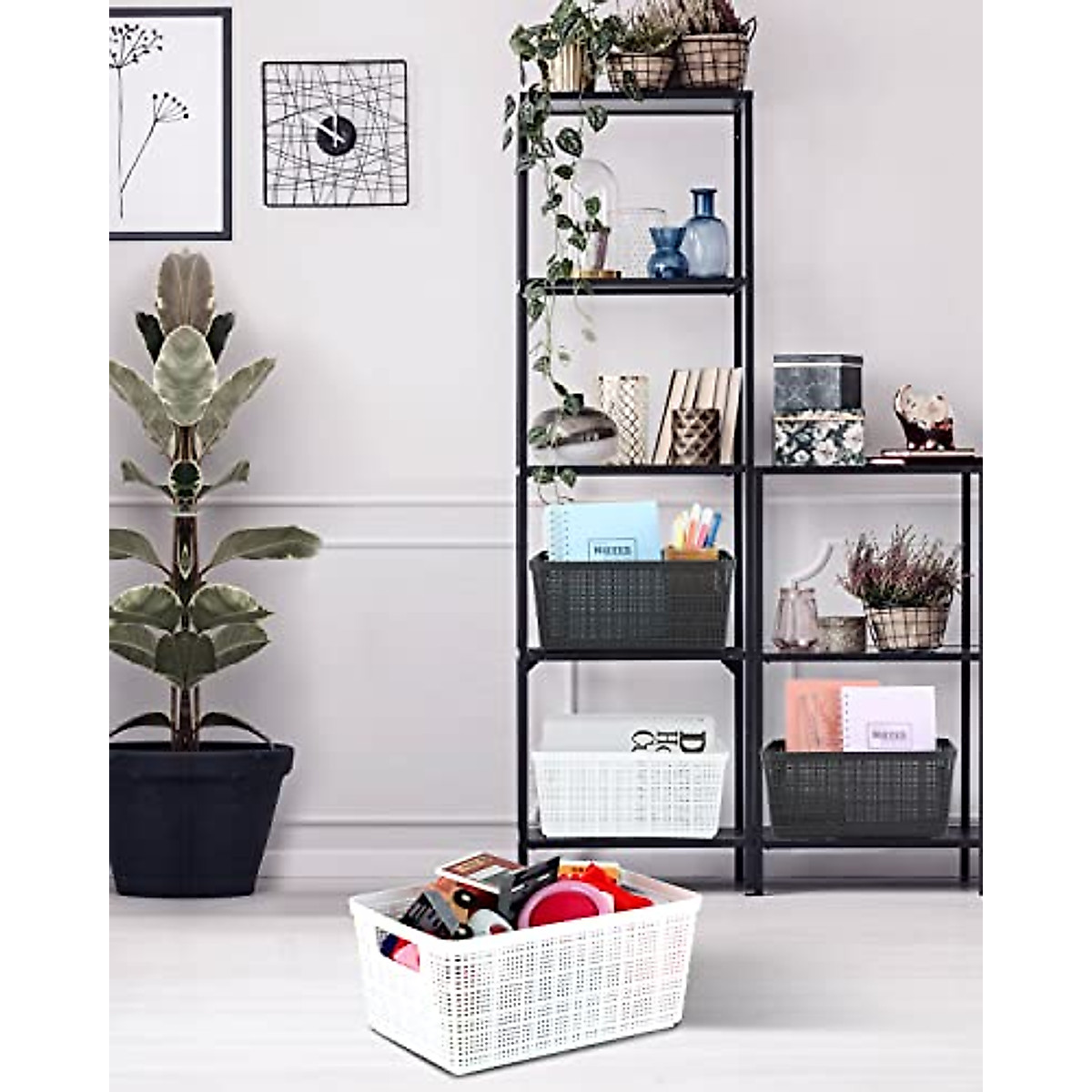 Set of 6 Plastic Storage Bins Pantry Organization and Storage Containers Storage Baskets Shelf Organizer Bins for Shelves Drawers Desktop Closet Playroom Classroom Office, White