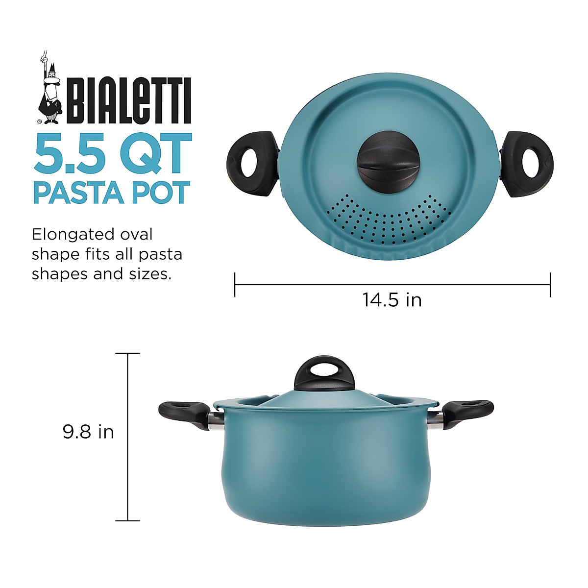 Bialetti Taste of Italy Nonstick Pasta Pot with Strainer Lid, 5.5-Quart, Teal
