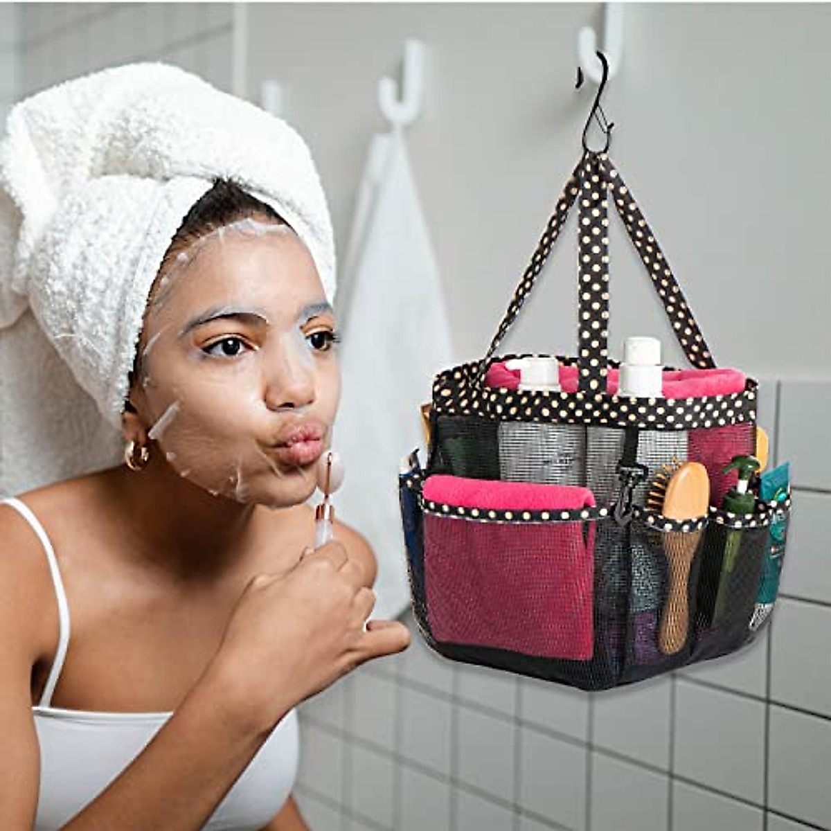 COFSODI Portable Hanging Mesh Shower Caddy - Shower Bag with Key Hook and Windproof Hook, 8 Pockets, Shower Organizer for College, Dorm, Camp, Beach, Swimming, Gym, Travel (Black)