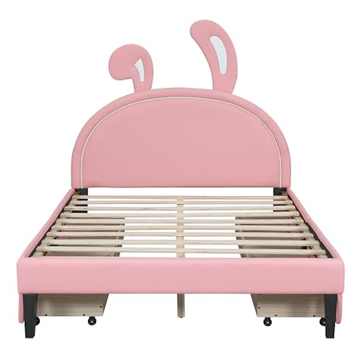 HBRR Full Upholstered Platform 4 Drawers and Bunny Ears Headboard, Wooden Bed Frame Size with Storage for Kids Teens Boys & Girls, No Box Spring Needed, Pink