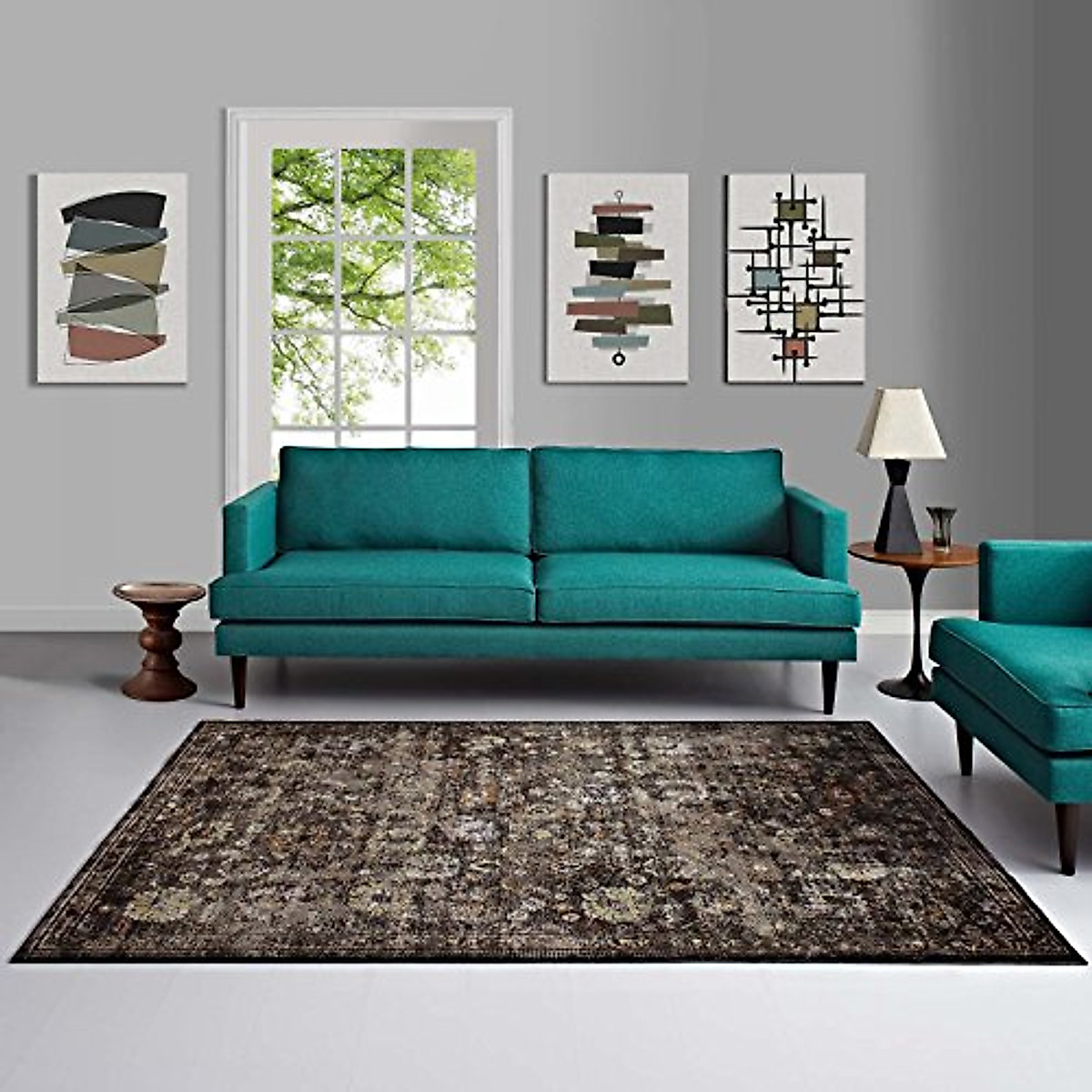 Modway Minu Distressed Floral Lattice 8x10 Area Rug in Black, Yellow and Orange