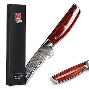 YARENH Bird's Beak Paring Knife - 67-Layer Damascus Steel - Super Sharp Blade for Peeling Fruit - African Sandalwood Handle