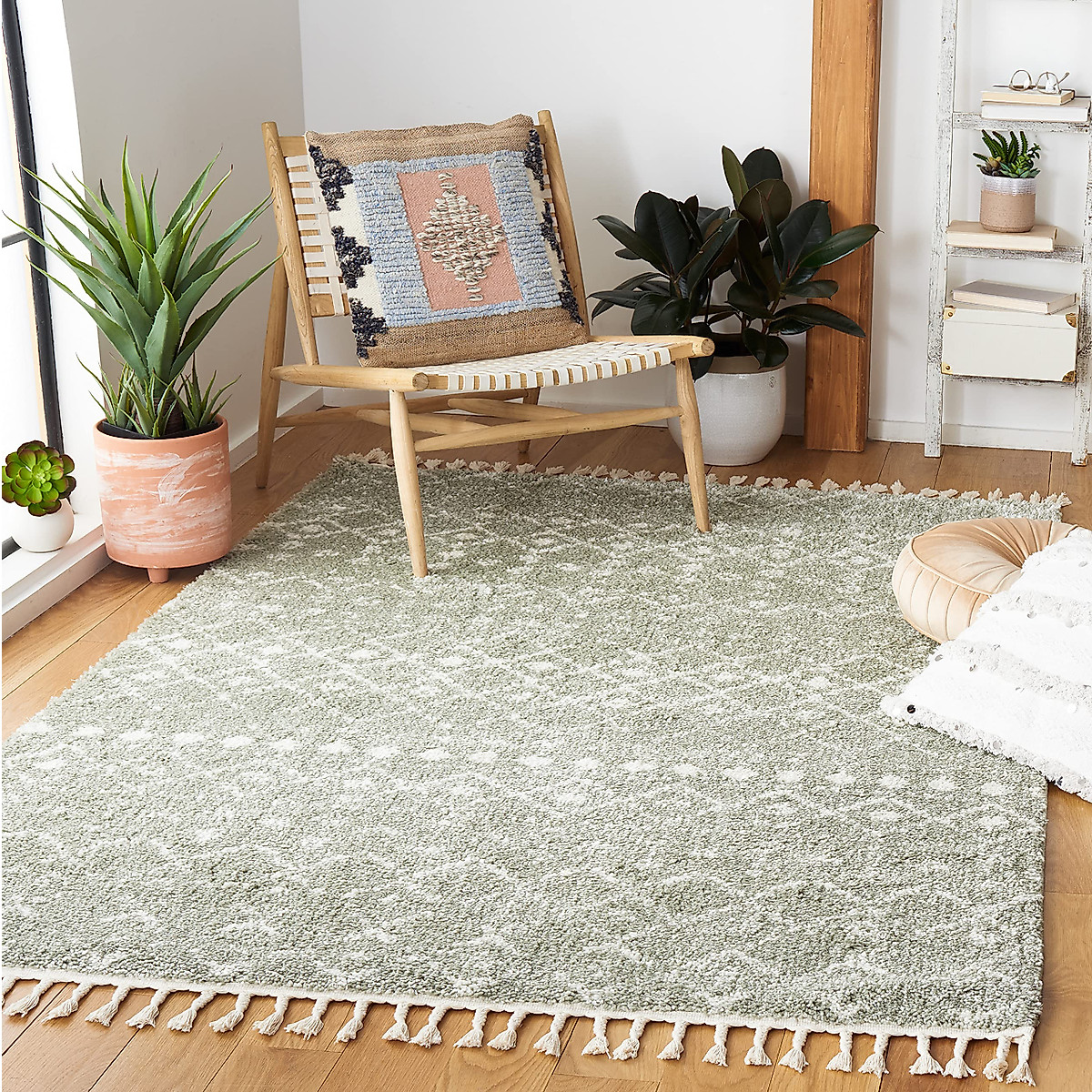 SAFAVIEH Berber Fringe Shag Collection Area Rug - 6'7" x 9', Sage & Ivory, Moroccan Design, Non-Shedding & Easy Care, 1.2-inch Thick Ideal for High Traffic Areas in Living Room, Bedroom (BFG516W)