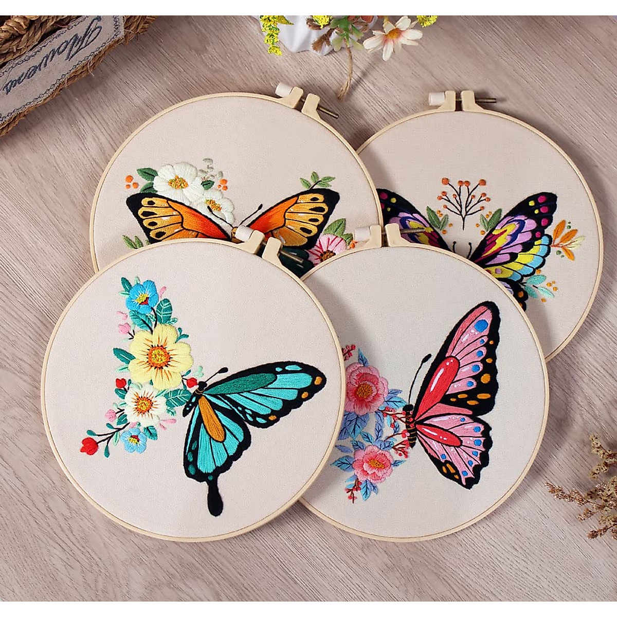 GLTAYLMY 3 Pack Embroidery Kits with Butterfly Pattern for Beginner Adults,Cross Stitch Kits with 1 Plastic Embroidery Hoops,Needles and Color Threads,Needlepoint Kit for Adults