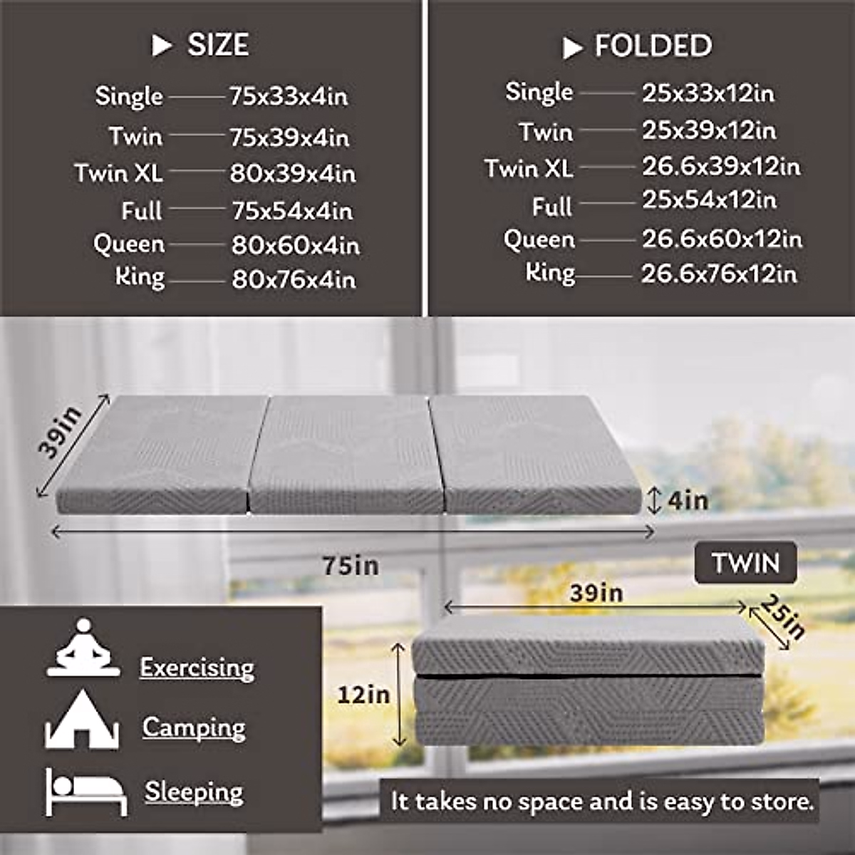 Tri-Fold Memory Foam Mattress, 4 inch Twin Folding Mattress with Collapsible and Washable Cover, Travel and Guest Mat, 75"×38"×4", Grey