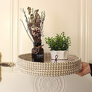 Natural Seagrass Woven Basket Round Serving Tray with Handles Coffee Table Tray Hand Woven Storage Basket for Fruit, Tea, Bread, Breakfast, Drinks, Snack Woven Tray (White Round Tray)