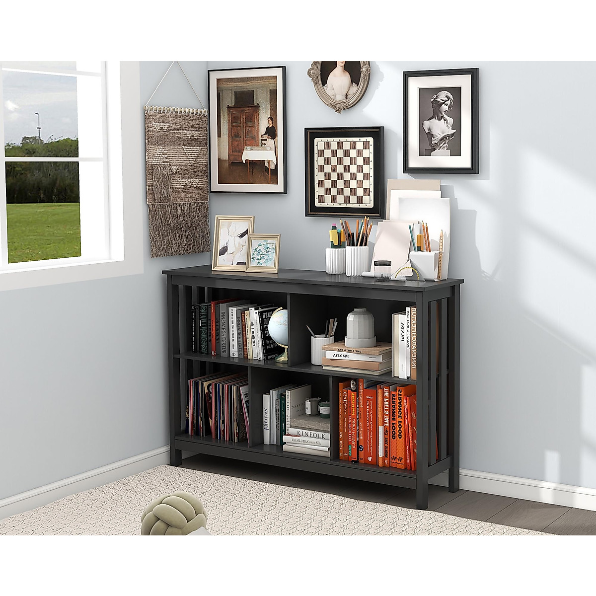 TaoHFE Short Bookshelf with 2-Layer 5 Cube Shelf,Wooden Bookcase Modern Minimalist Style, Horizontal Bookshelf for Living Room, Classroom, Bedroom, Book Shelf with Storage Cube Bookcase, Black