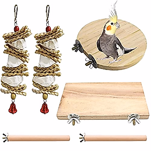 Bird Perch Stand Parrot Wooden Platform Standing Playground 6 Pcs Chew Toys Natural Cuttlebone Paw Grinding Stick for Parakeet Budgies Cockatiels Conure Lovebirds Cage Accessories Exercise Toys