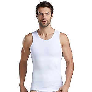 FEOYA Men's Chest Compression Shirt to Hide Gynecomastia Moobs Shapewear Men Tank Top Slimming Undershirt Body Shaper White L