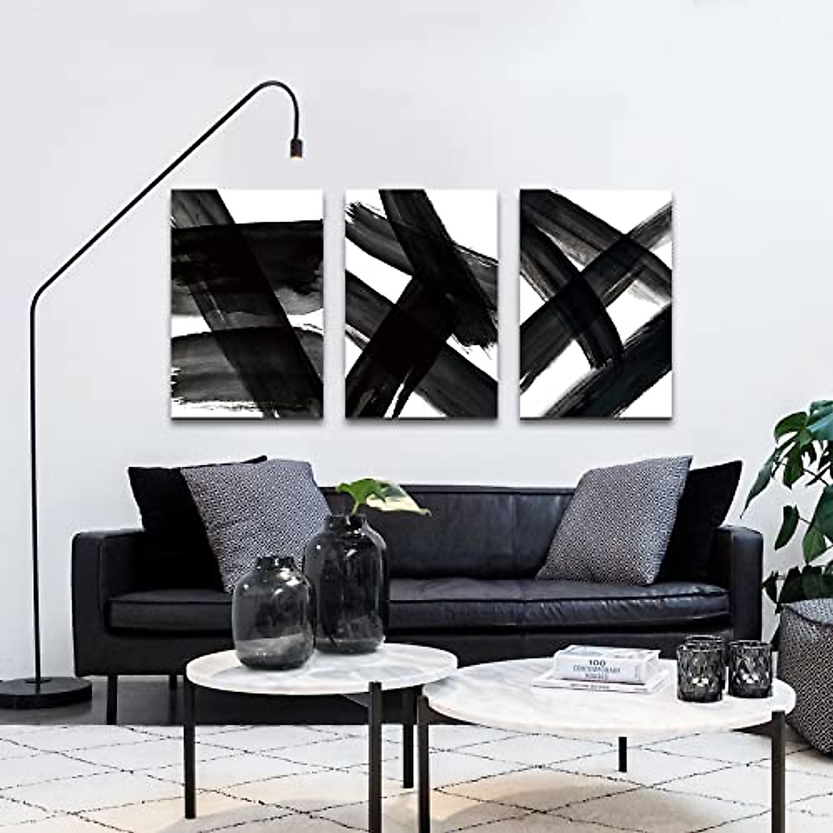 ArtbyHannah Black and White Abstract Canvas Wall Art with Strokes Abstract Shapes Illustrations Modern Art Prints for Living Room Bedroom Decoration - 3 Panels 16x24 inch
