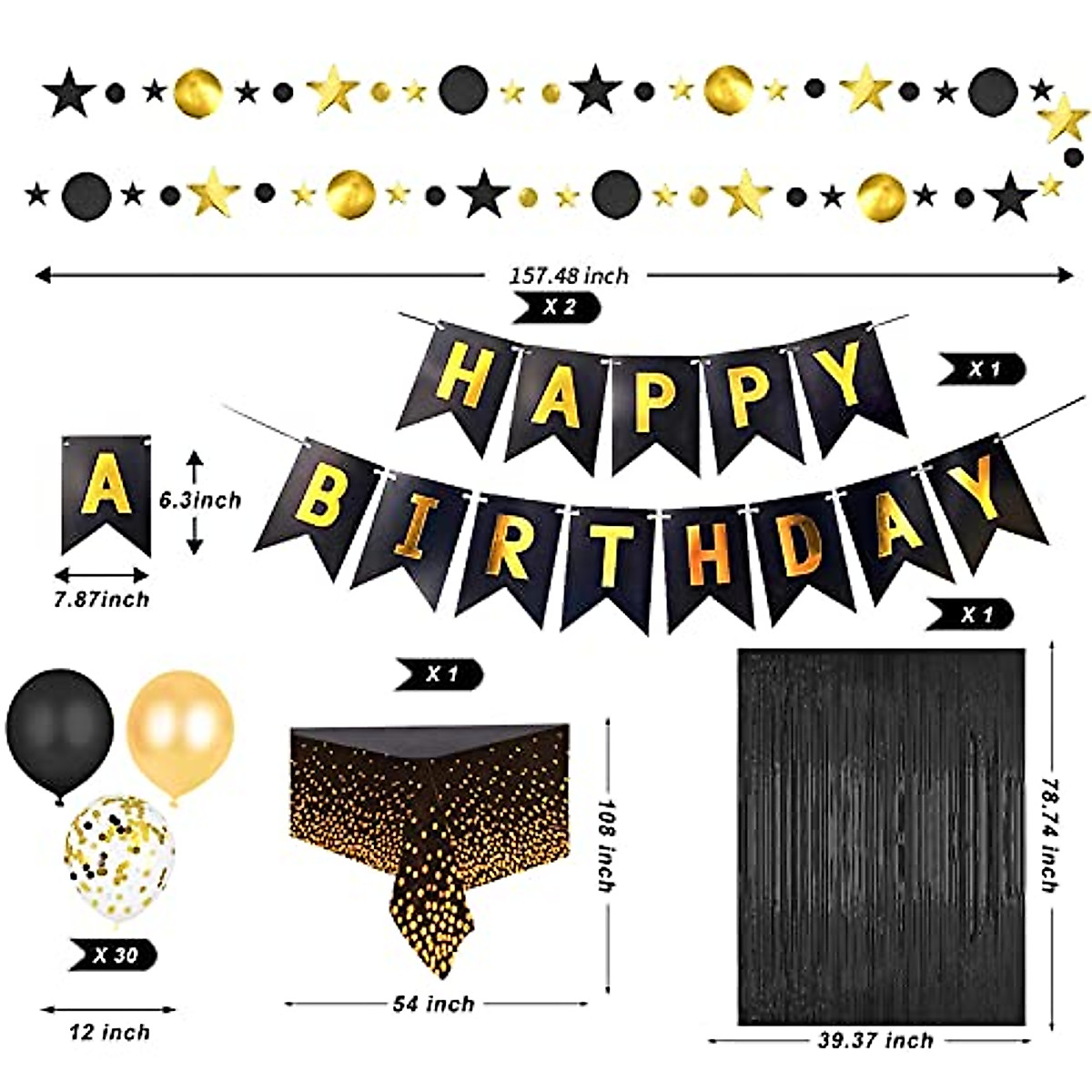 Black and Gold Birthday Party Decoration for Men Women- Happy Birthday Banner, Glitter Circle Dot Garland Streamer, Fringe Curtain, Foil Tablecloth and Balloons Party for Women Men Black Gold Birthday Party