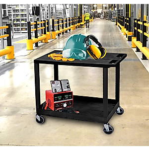 Offex 32" x 18" Mobile Heavy-Duty Multipurpose Utility Cart with One Tub and One Flat Shelf, Push Handle - Black, Great for Garage, Shop or Storage Area