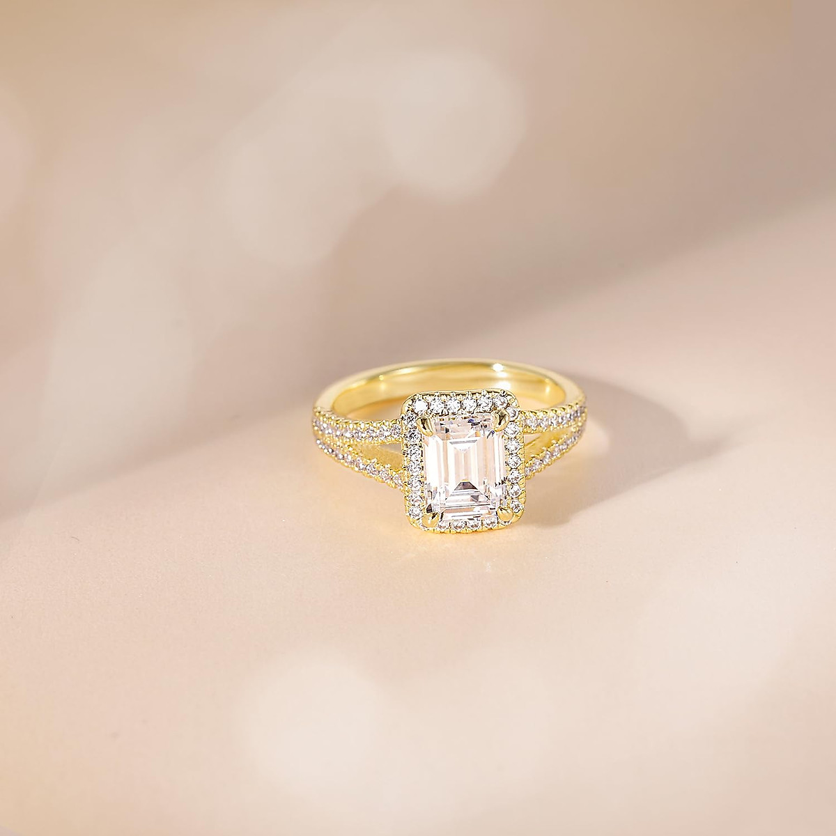 Mameloly 2CT Engagement Rings for Women Gold Emerald Cut Cubic Zirconia Wedding Band Curved Halo Promise Rings for Her Size 7