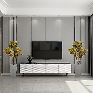 2PCS Artificial Croton Plant, Faux Fiddle Leaf fig Tree,Artificial Trees for Home Decor,Floor Plant,Front Porch Plants with Plastic Pot, Faux Ficus Lyrata Tree,35inch