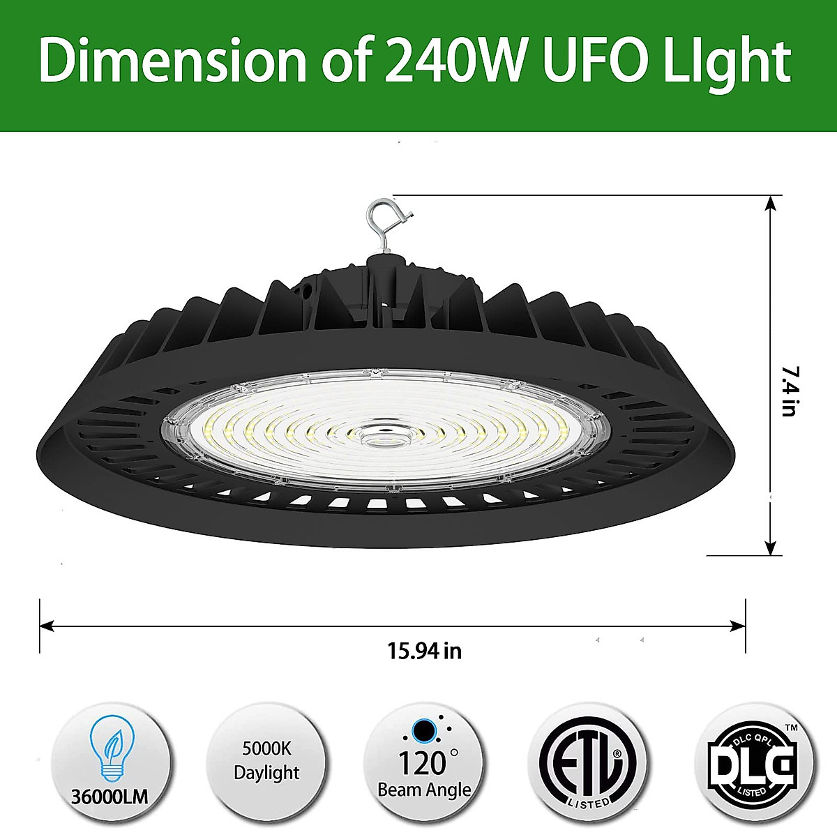 OSTEK 2Pack UFO led high Bay Light 240W, 0-10V Dimmable High Bay LED Lighting Fixture, 5000K, US Hook 5' Cable Barn Workshop Bay Lighting for Garage/Commercial Warehouse/Wet Location (240)