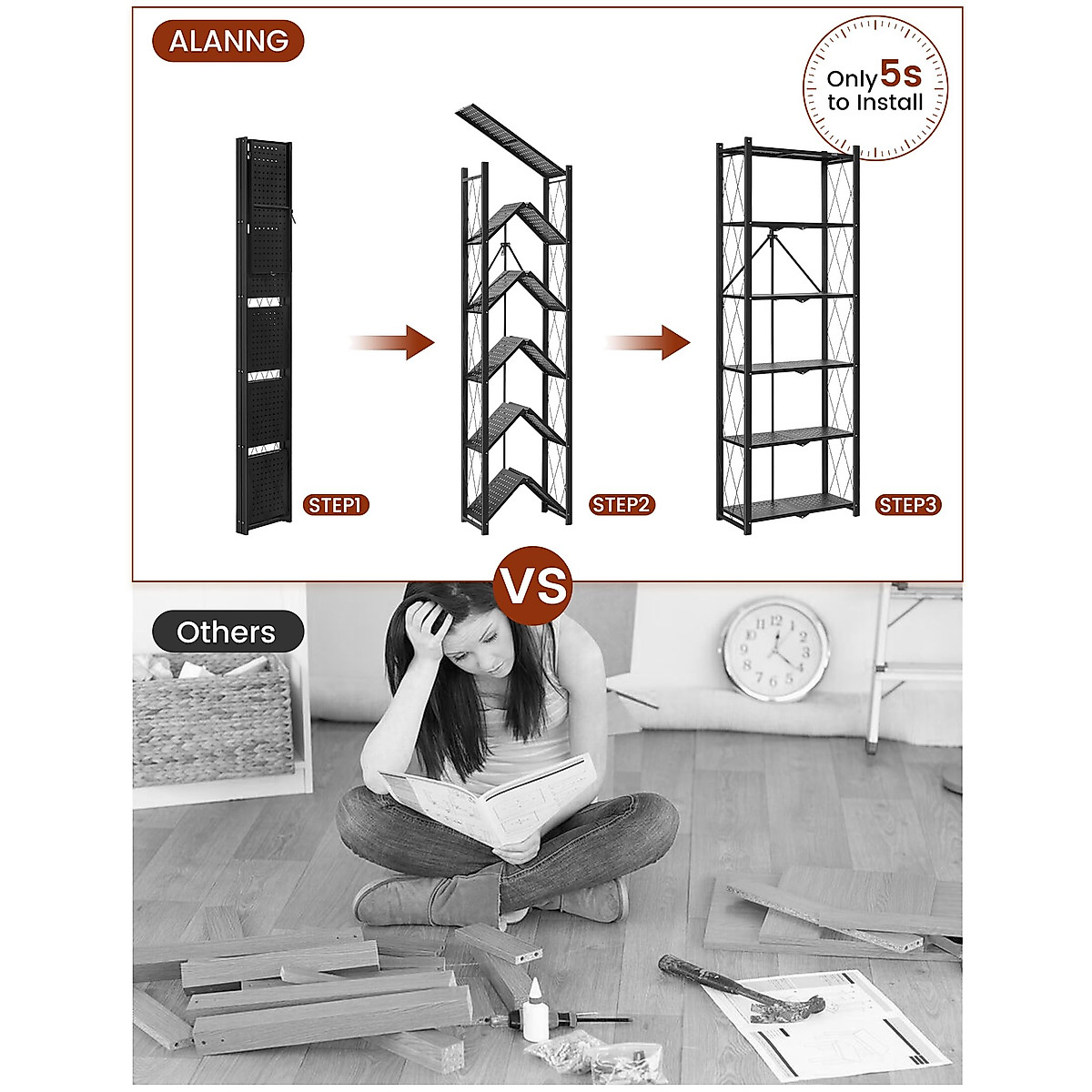 ALANNG 73.6 Inch Folding Bookshelf, 6 Tier Metal Bookcase and Bookshelves, Tall Shelves for Living Room Office Bedroom, Heavy Duty Book Shelve Free Standing Open Bookshelve (Black, 2PACK)