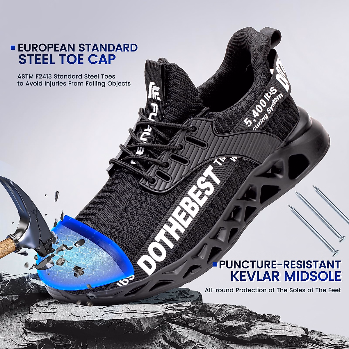 Furuian Safety Shoes Men Work Sneakers, Steel Toe, Lightweight, Comfortable, Black, Size 11.5/13